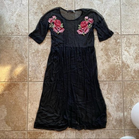 Potter's Pot | Dresses | Potters Pot Black Mesh Floral Dress With Pink ...